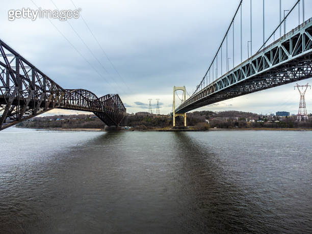 Aerial view of Pierre-Laporte and Quebec bridges in Quebec city ...