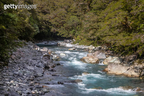 High mountain river in New Zealand, South Island. Stones and clean ...