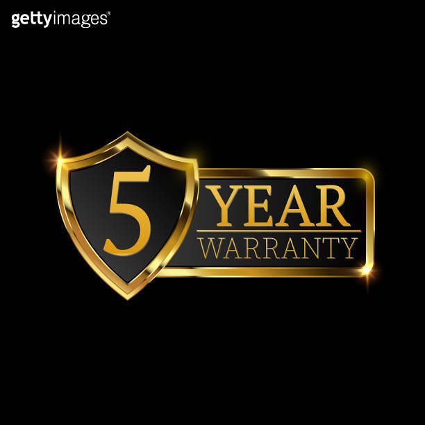 5 year warranty logo with golden shield and golden ribbon.Vector ...