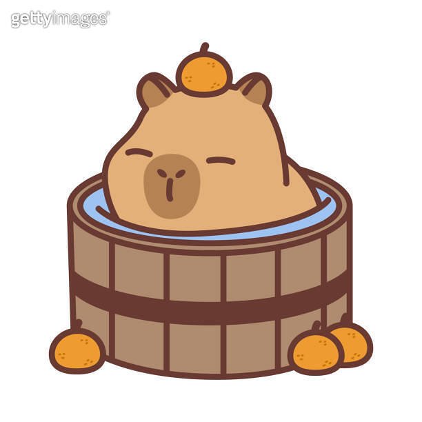 Cute capybara relaxing in hot bath with orange cartoon, vector ...