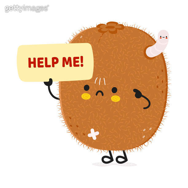 Cute sad sick Kiwi fruit asks for help character 이미지 (2027456835) - 게티이미지뱅크
