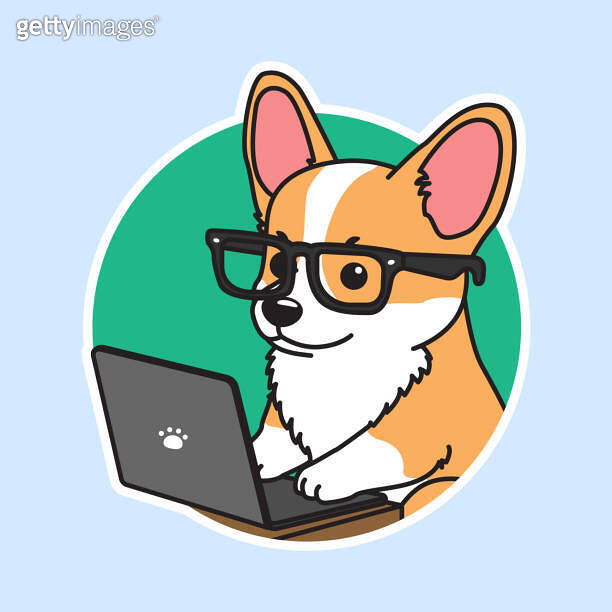 Cute corgi dog working on a laptop, vector illustration 이미지 (2160502145 ...