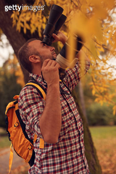 Man using binoculars and camera for bird and animal watching in nature ...