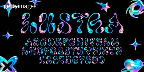 3d holographic y2k font with liquid metal letters and numbers, shiny ...