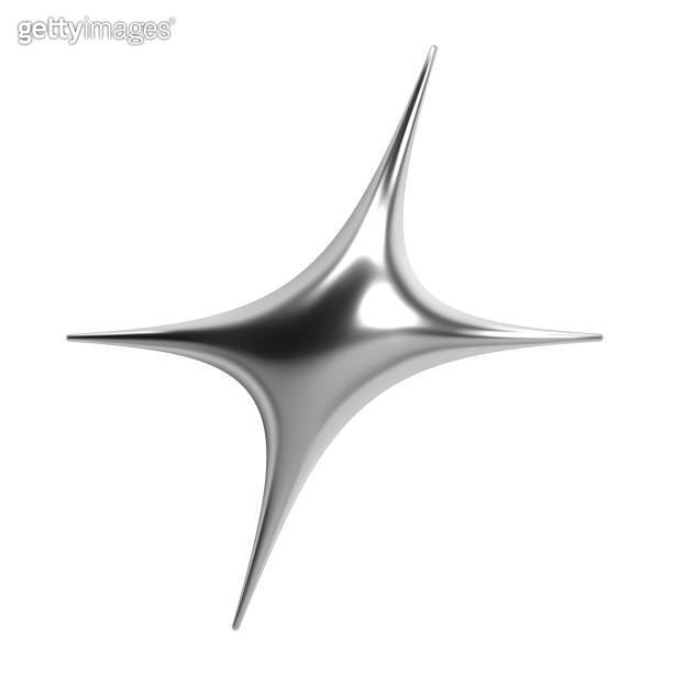 3D y2k chrome star with four spikes, shiny metallic silver surface ...