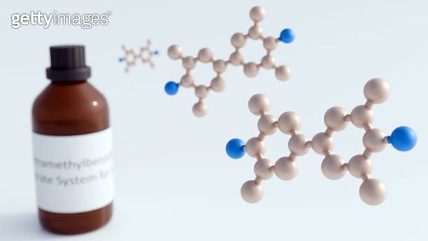 3,3′,5,5′-Tetramethylbenzidine or TMB molecules and amber glass bottle ...