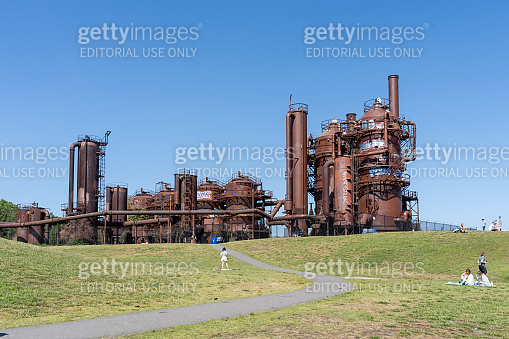 People in the old gasification plant in Gas Works Park in Seattle, WA ...