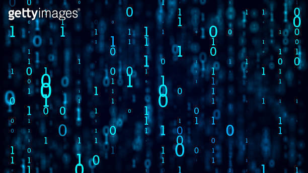 Blue matrix background. Stream of binary code. Falling numbers on dark backdrop. Digital ...
