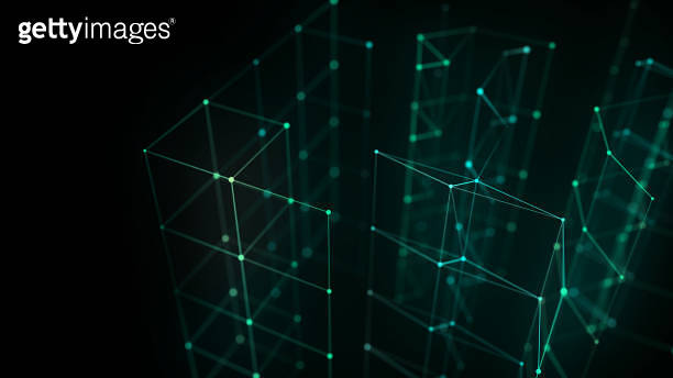 Abstract wireframe cube. Digital blockchain concept. Futuristic green background with dots and ...