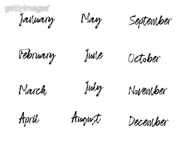 Month names cursive typography set. Handwritten calligraphic outline ...
