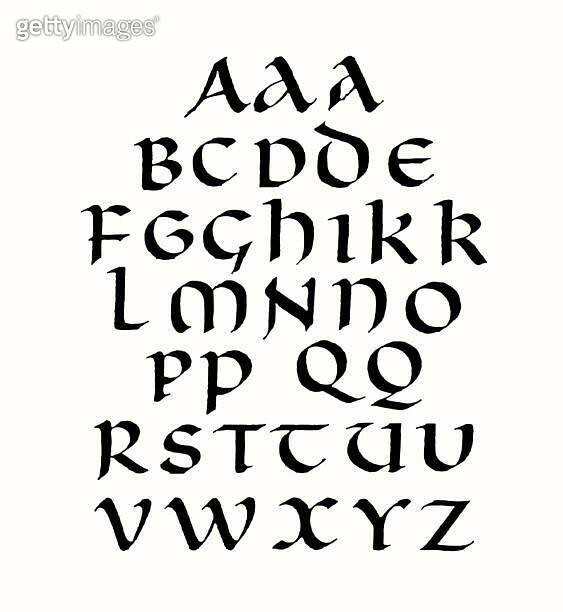 Gothic calligraphic print uppercase and lowercase font. Old, historic ...