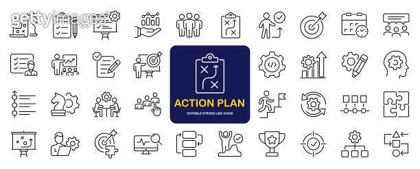 Action plan set of web icons in line style. Strategy action planning ...