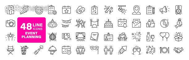 Event planning set of web icons in linear style. Event organisation ...