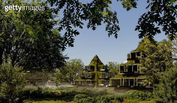 Green residential complex with overgrown buildings with sustainable ...