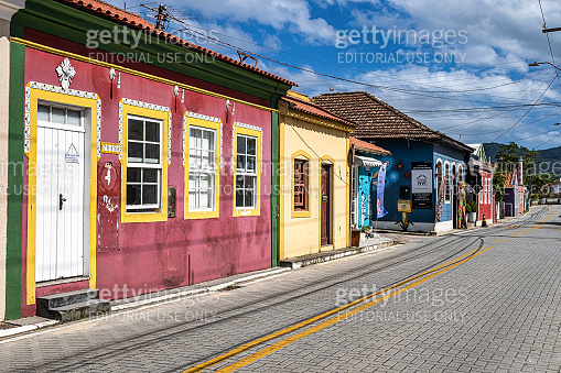 Colorful houses in colonial Portuguese architecture in Ribeirao, Brazil ...
