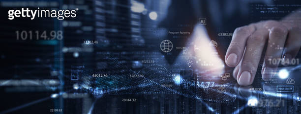 Data science, digital technology, internet global network concept. Computer programmer using ...