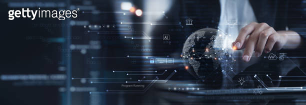 Data science, AI, Digital technology concept. Computer programmer using ...