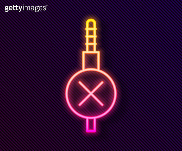 Glowing neon line No audio jack icon isolated on black background ...