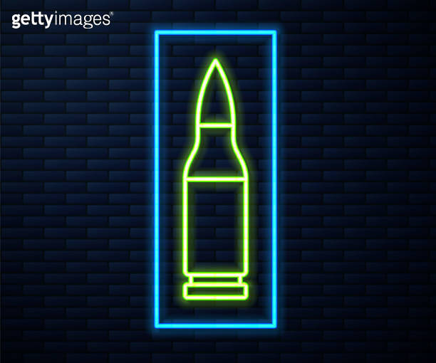 Glowing neon line Bullet icon isolated on brick wall background. Vector ...