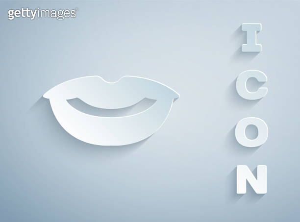 Paper cut Smiling lips icon isolated on grey background. Smile symbol ...
