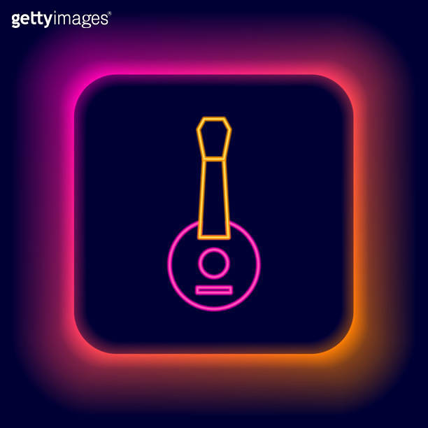 Glowing neon line Banjo icon isolated on black background. Musical ...