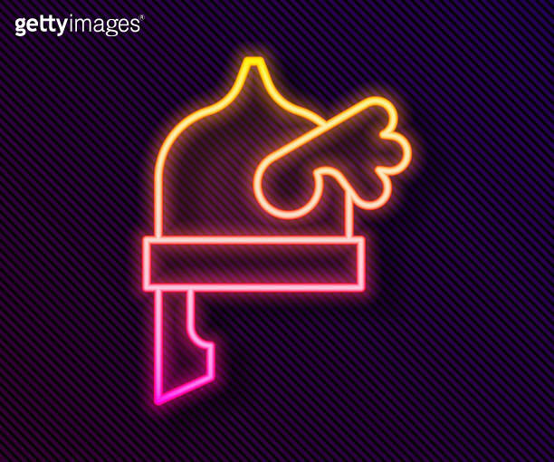 Glowing neon line Viking in horned helmet icon isolated on black ...