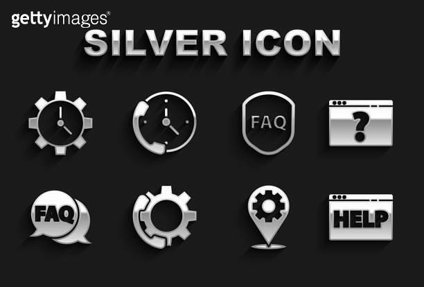 Set Telephone 24 hours support, Browser with question mark, help, Location gear, Speech bubble ...