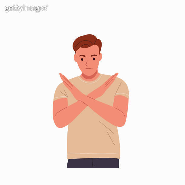 Young man with arms crossed shows a negative gesture and stop.Vector ...