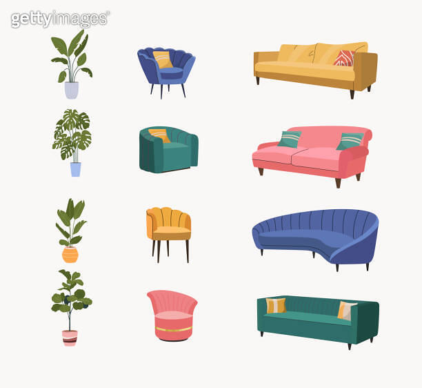 House interior objects isolated set. Home furniture. Cartoon vector ...
