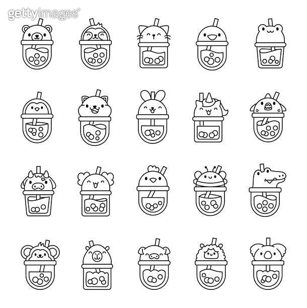 Matcha bubble tea with animal faces. Coloring Page. Boba beverage. Hand ...
