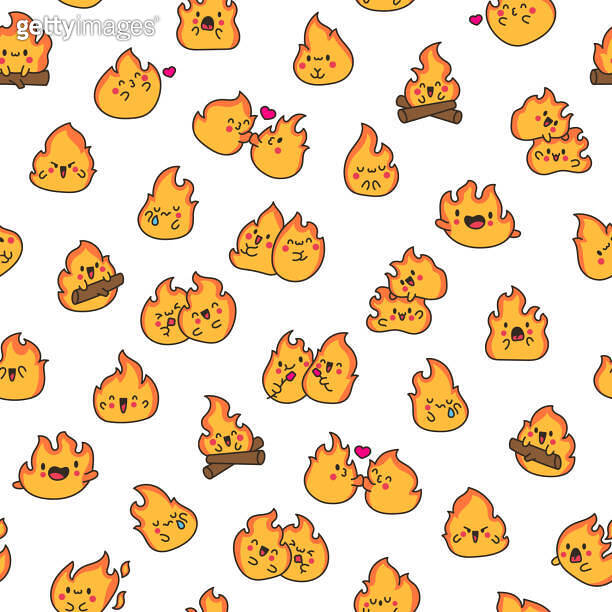 Cute kawaii little fire. Seamless pattern. Cartoon flame characters ...