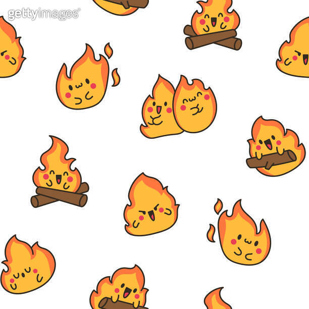Cute kawaii little fire. Seamless pattern. Cartoon flame characters ...
