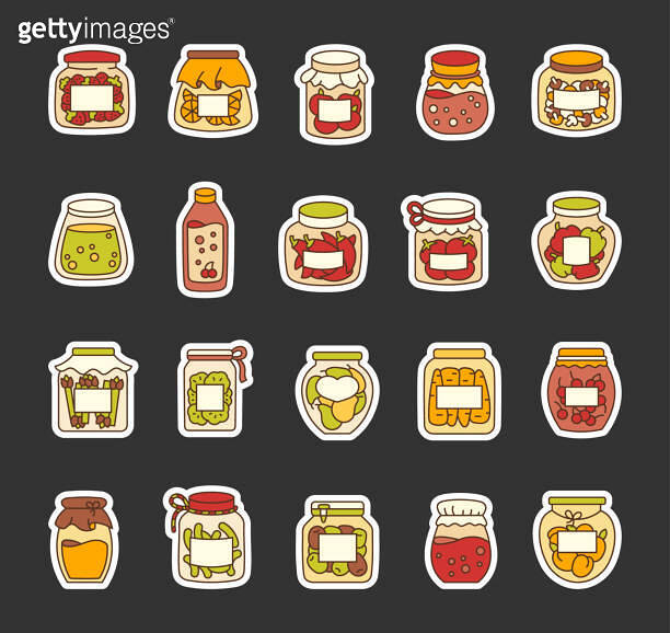 Canned pickled vegetables and fruit jam. Sticker Bookmark. Jars for ...