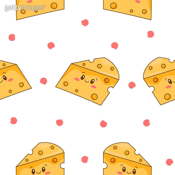 Cute kawaii cheese. Seamless pattern. Funny happy food characters ...