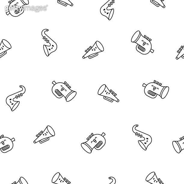 Cute musical instruments with happy face. Seamless pattern. Coloring ...