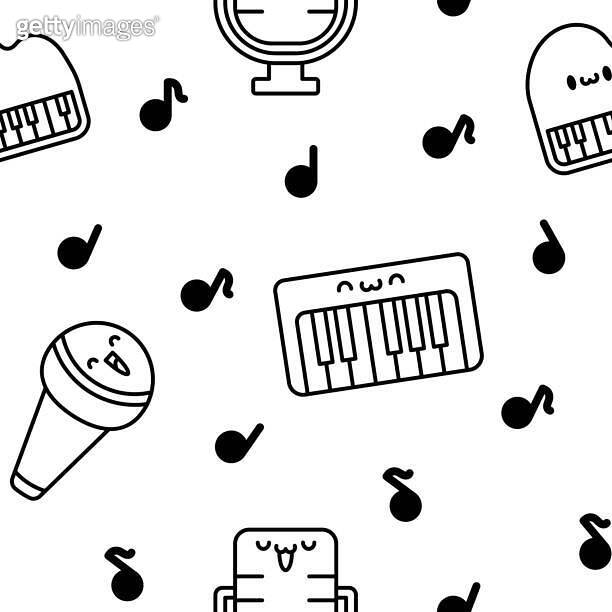 Cute musical instruments with happy face. Seamless pattern. Coloring ...