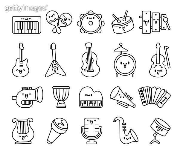 Cute musical instruments with happy face. Coloring Page. Cartoon kawaii ...