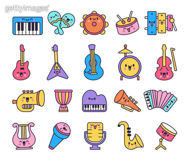 Cute musical instruments with happy face. Cartoon kawaii character ...