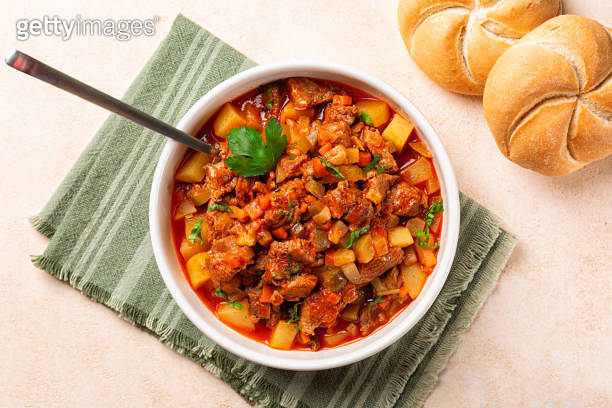 Top view of meat stew made from beef with potatoes , tomato sauce and ...