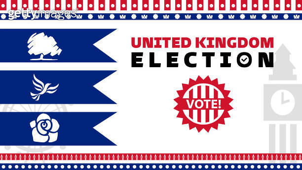 UK election banner with symbols of major political parties. Vote in ...