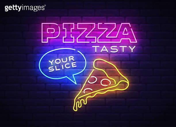Pizza logo, emblem. Pizza neon sign, bright signboard, light banner ...