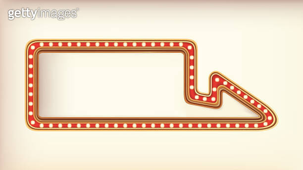 Retro advertising arrow sign red marquee gold light board on white ...