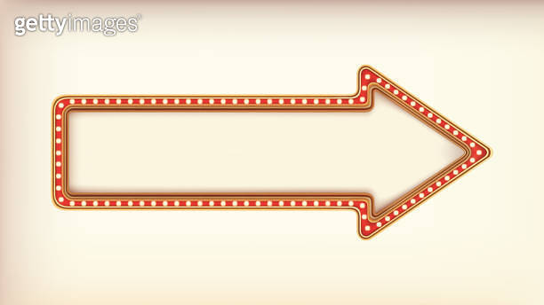 Retro advertising arrow sign red marquee gold light board on white ...