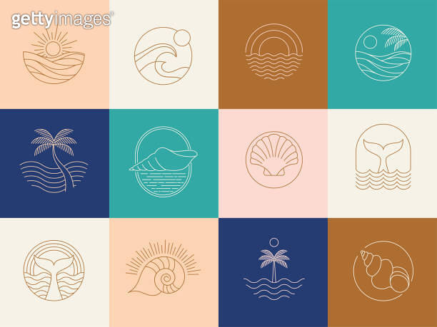Bohemian linear logos, icons and symbols, sea, ocean, beach and surfing ...