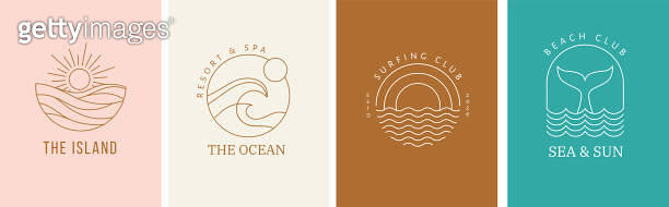 Bohemian linear logos, icons and symbols, sea, ocean, beach and surfing ...