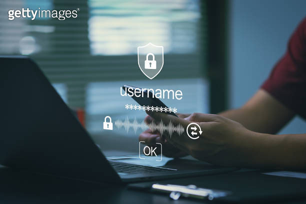 Cyber security. User logs in with password and voice command. Cyber security concept. Data ...