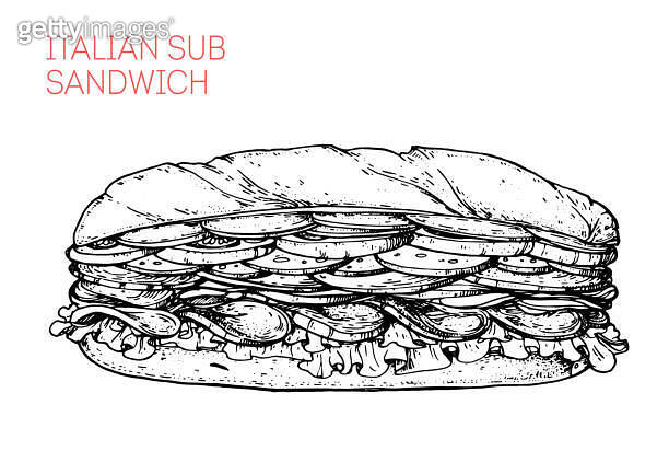 Italian sub sandwich sketch. Sandwich with lettuce, slices of fresh ...