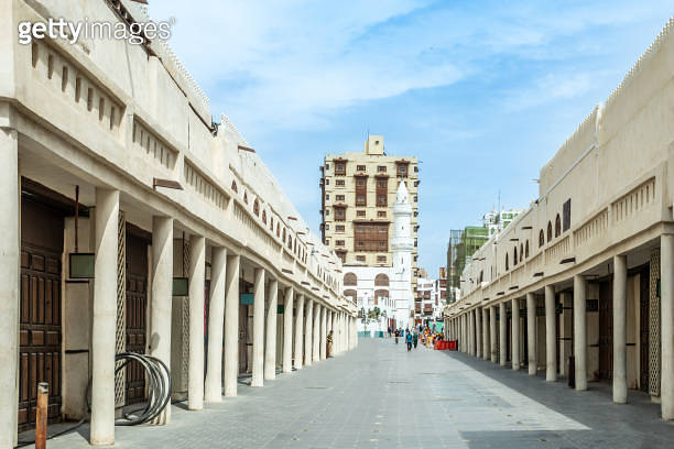 Al-Balad old town central walking street with traditional muslim and ...