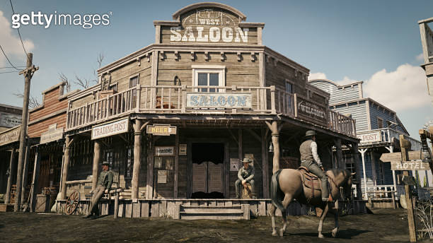 3D illustration rendering of an empty street in an old wild west town ...