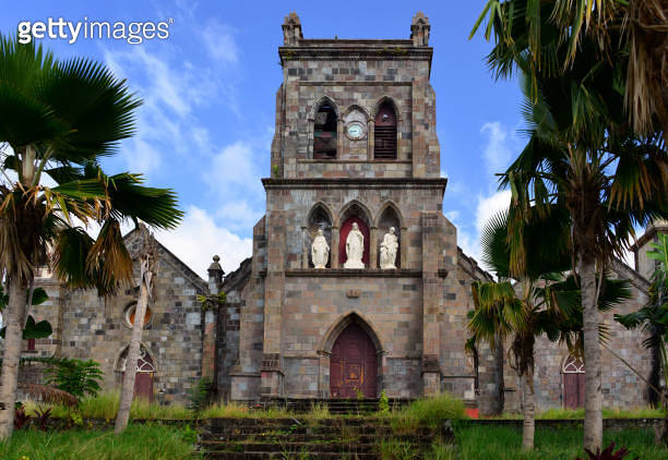 Roseau Cathedral (Catholic) - façade and palm trees, Roseau, Dominica ...